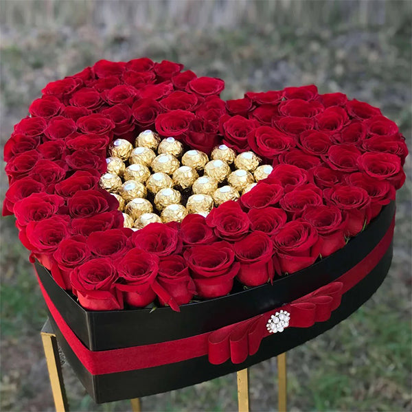 Red Roses And Ferrero Rocher Chocolates In Heart Shaped Box Noongifts Com